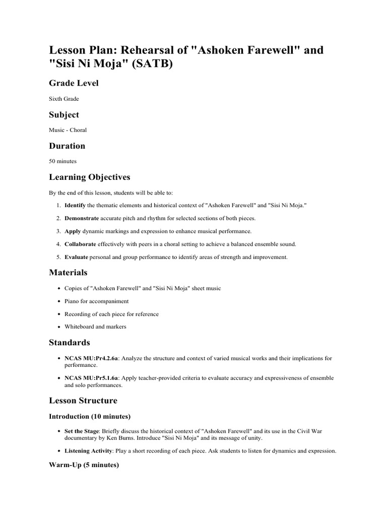 Lesson Plan - Rehearsal of - Ashoken Farewell - and - Sisi Ni Moja - (SATB) | PDF | Lesson Plan ...