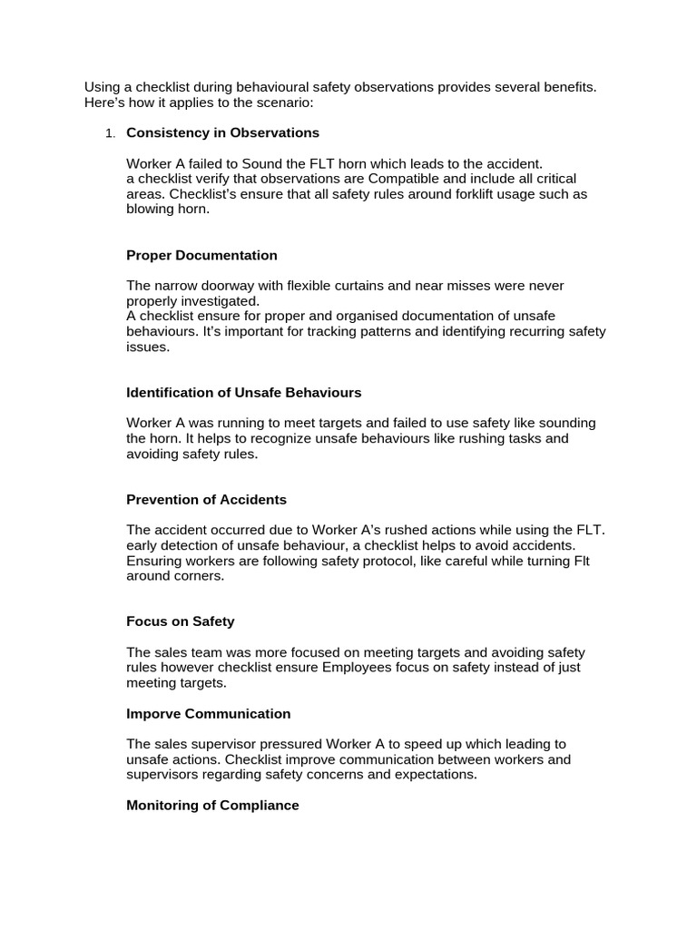 Benefits of Checklists in Safety Observations | PDF | Safety ...
