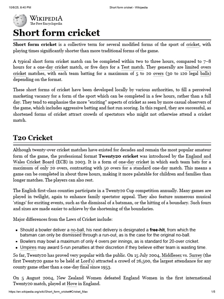 Short Form Cricket - Wikipedia | PDF | Cricket | Sports Rules And ...