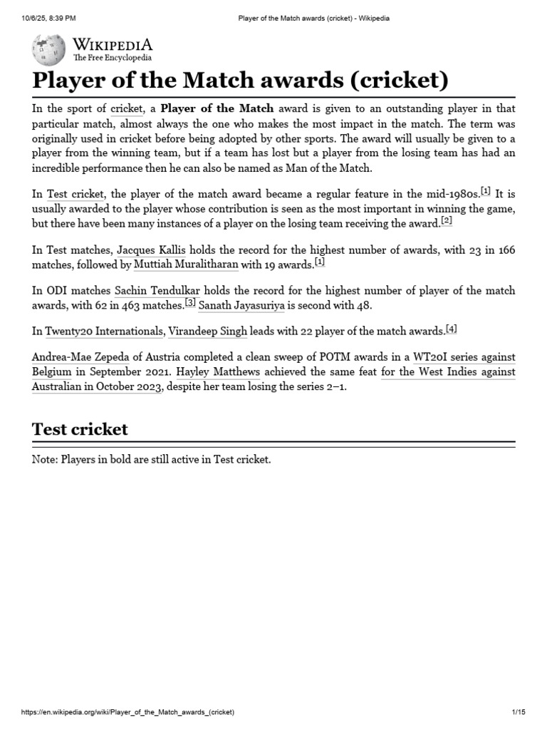 Player of the Match Awards in Cricket | PDF | Ball Games ...