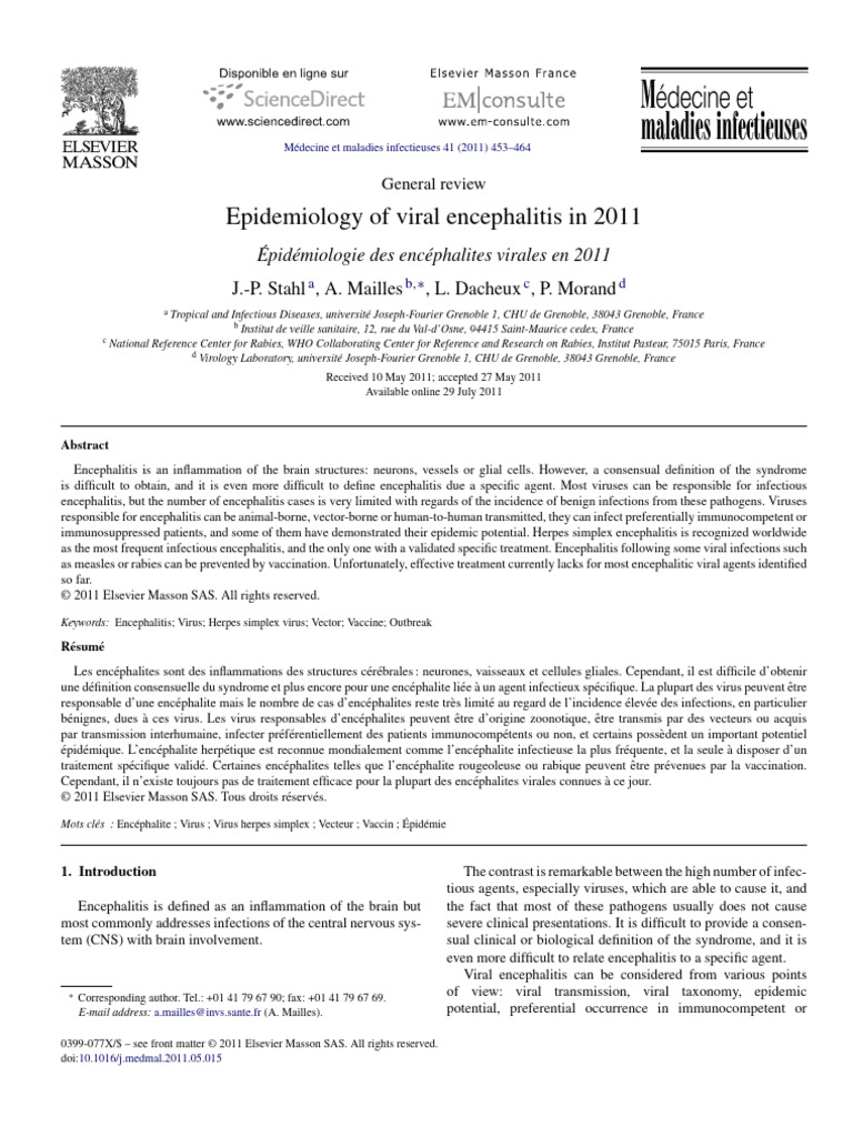Epidemiology of Viral Encephalitis in 2011. Médecine Et Maladies Infectieuses 41. 2011. 453–464 ...