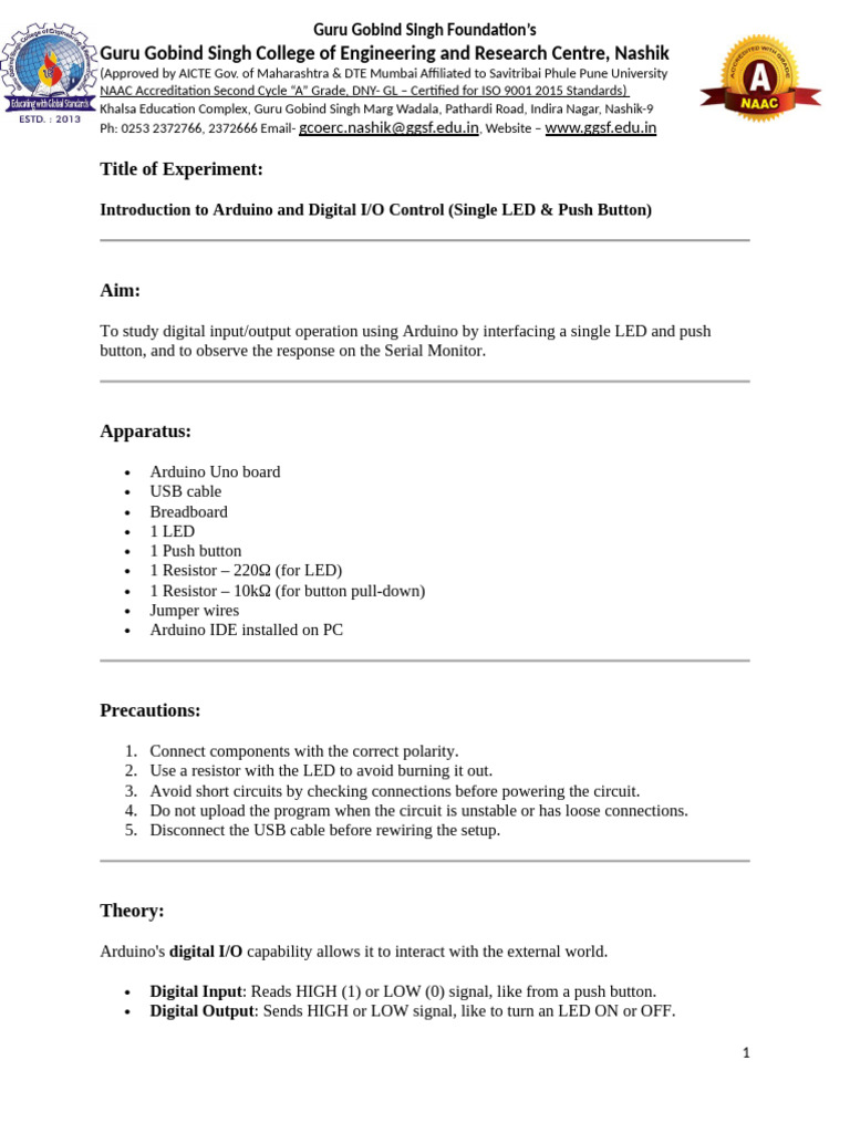 Arduino Digital I/O Control Experiment | PDF | Arduino | Computer ...