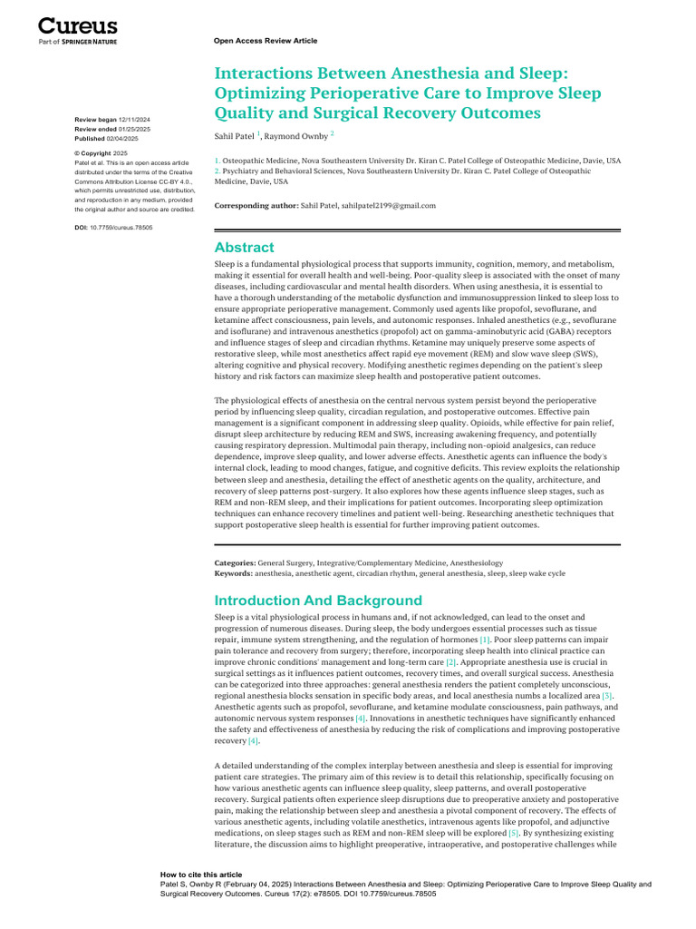 Interactions Between Anesthesia and Sleep Optimizi | PDF | Anesthesia ...