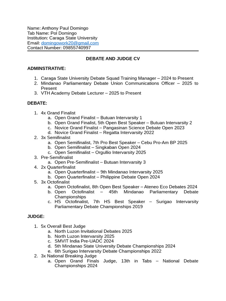 Anthony Domingo: Debate & Judge CV | PDF