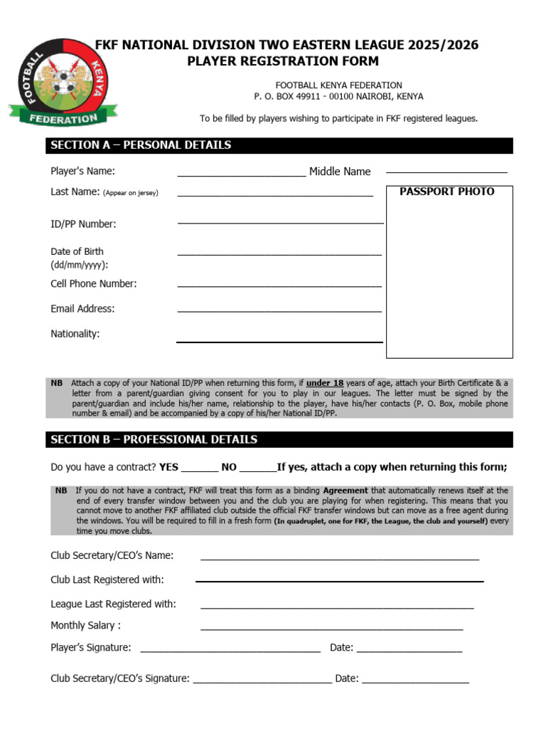 FKF Player Registration Form 2025/2026 | PDF