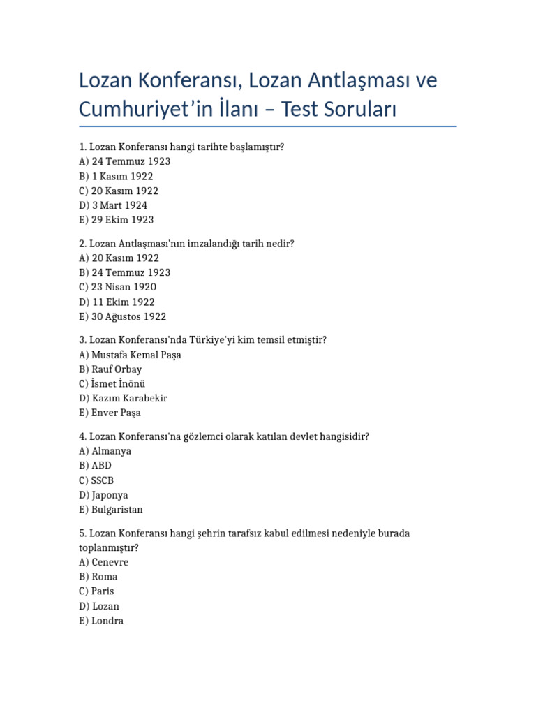 Lozan Cumhuriyet Test 40 Soru | PDF
