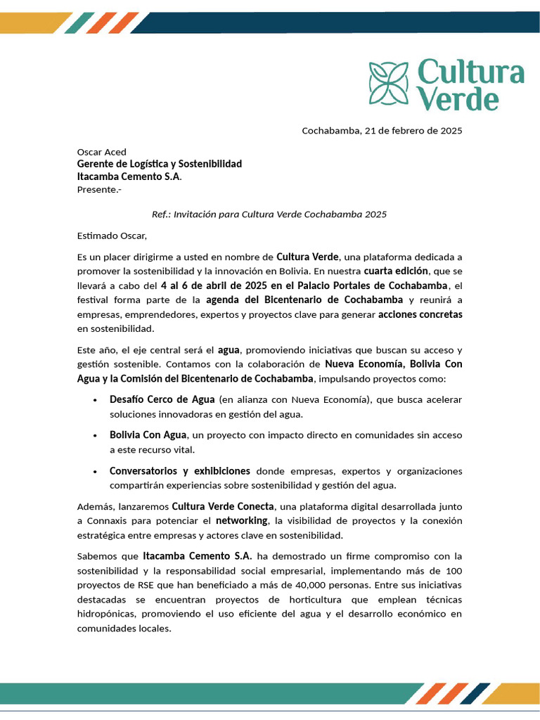 Carata Invitacion Cultura Verde Cbba - Itacamba | PDF