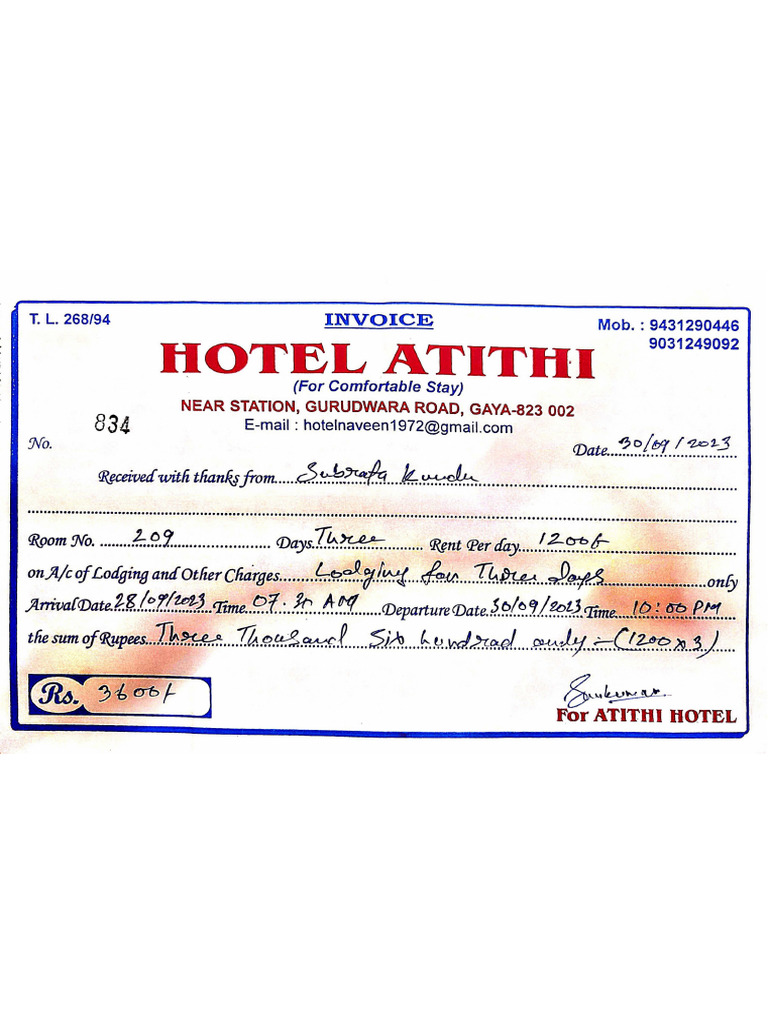 Atithi Hotel Bill PDF | PDF