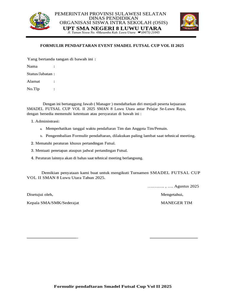 FORMULIR PENDAFTARAN FUTSAL 2025 | PDF