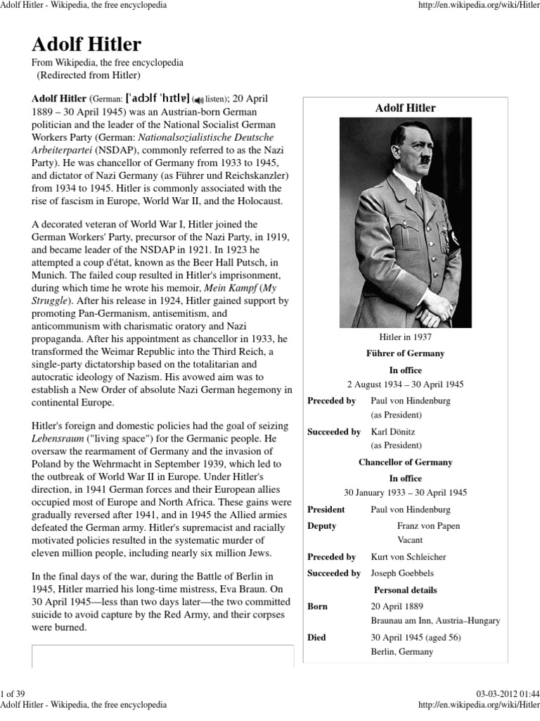 Adolf Hitler - Wikipedia, The Free Encyclopedia | Adolf Hitler | Nazi Party