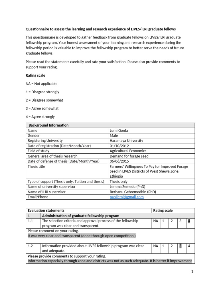 LIVES Graduate Fellowship Exit Questionnaire - Final | PDF | Knowledge ...