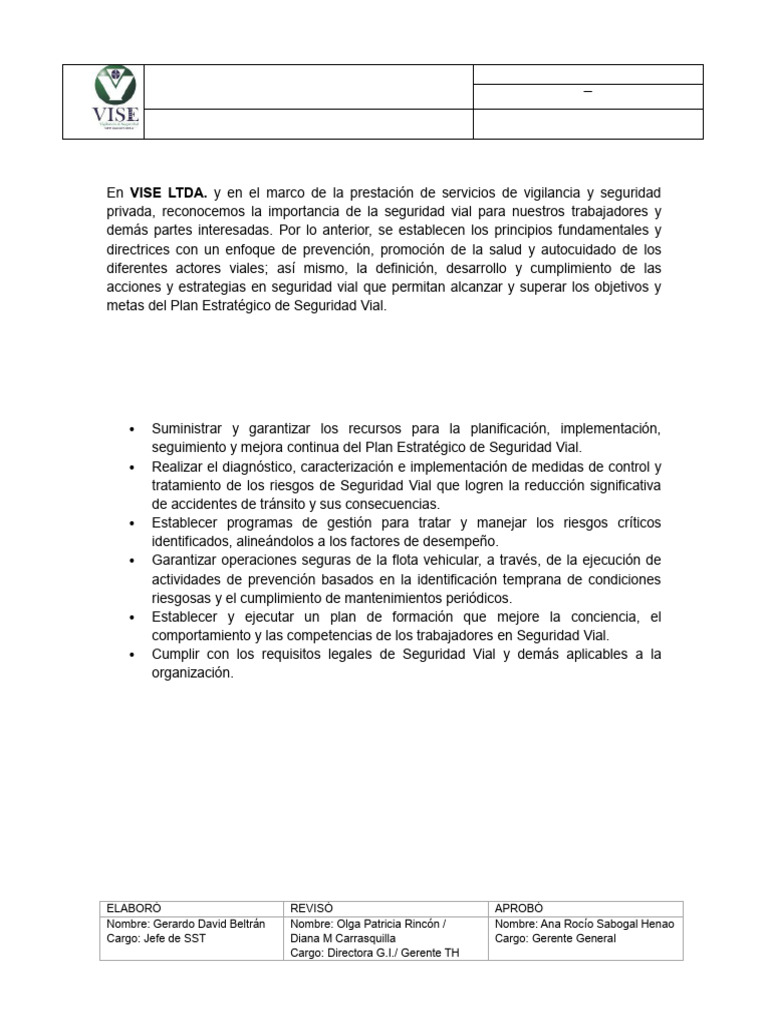Política de Seguridad Vial Vise Ltda | PDF | Planificación estratégica ...