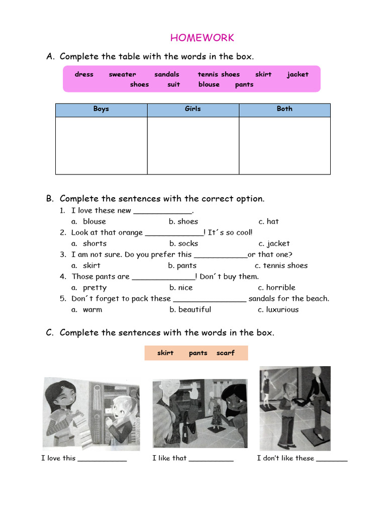 Fashion Vocabulary Homework Exercise | PDF