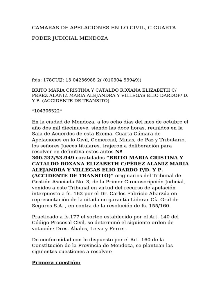 Fallo Causalidad Adecuada Accidented e Transito 4 Camara Civil | PDF ...