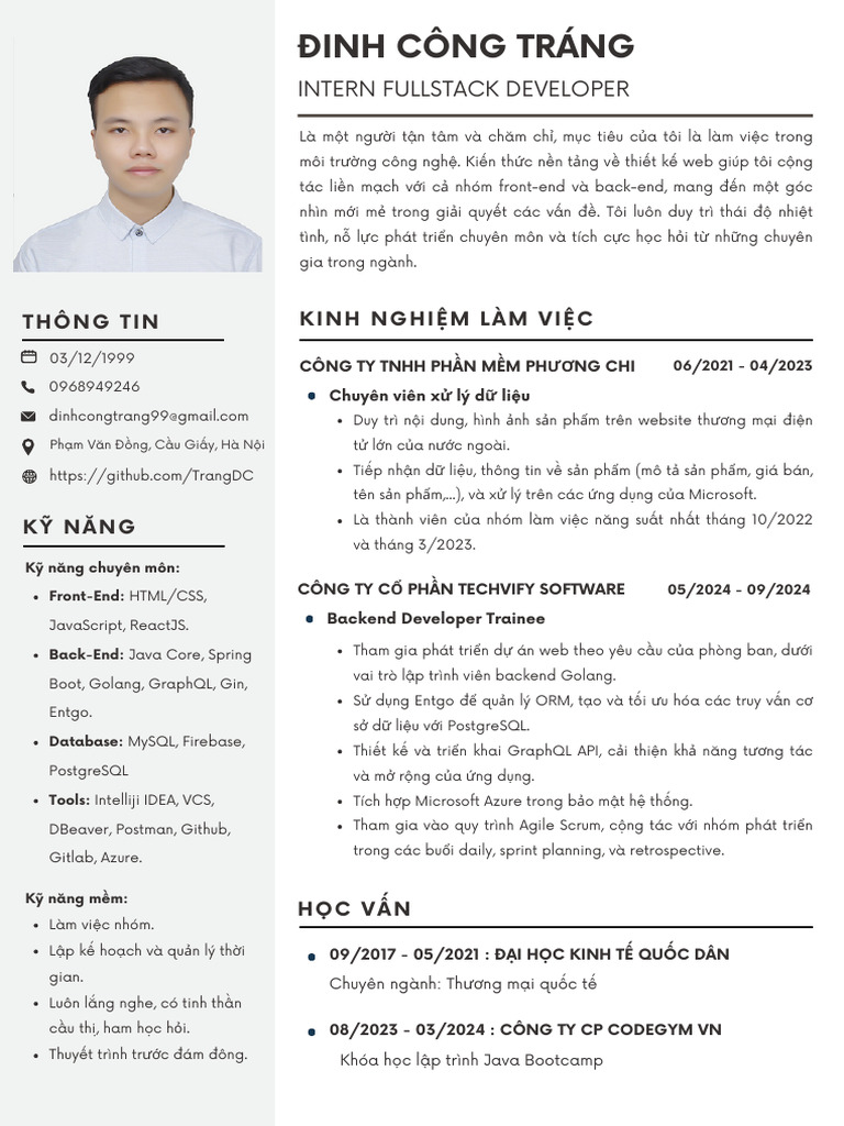 Đinh Công Tráng - CV Intern Fullstack Dev | PDF