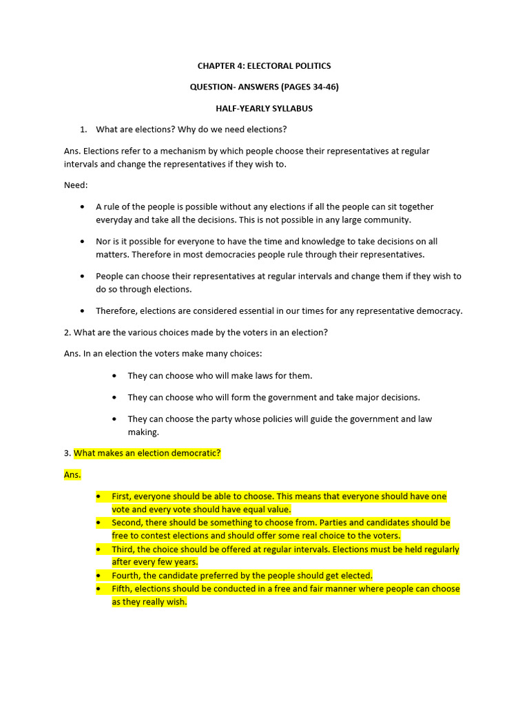 Electoral Politics- Worksheet for Half Yearly Examination (1) | PDF ...