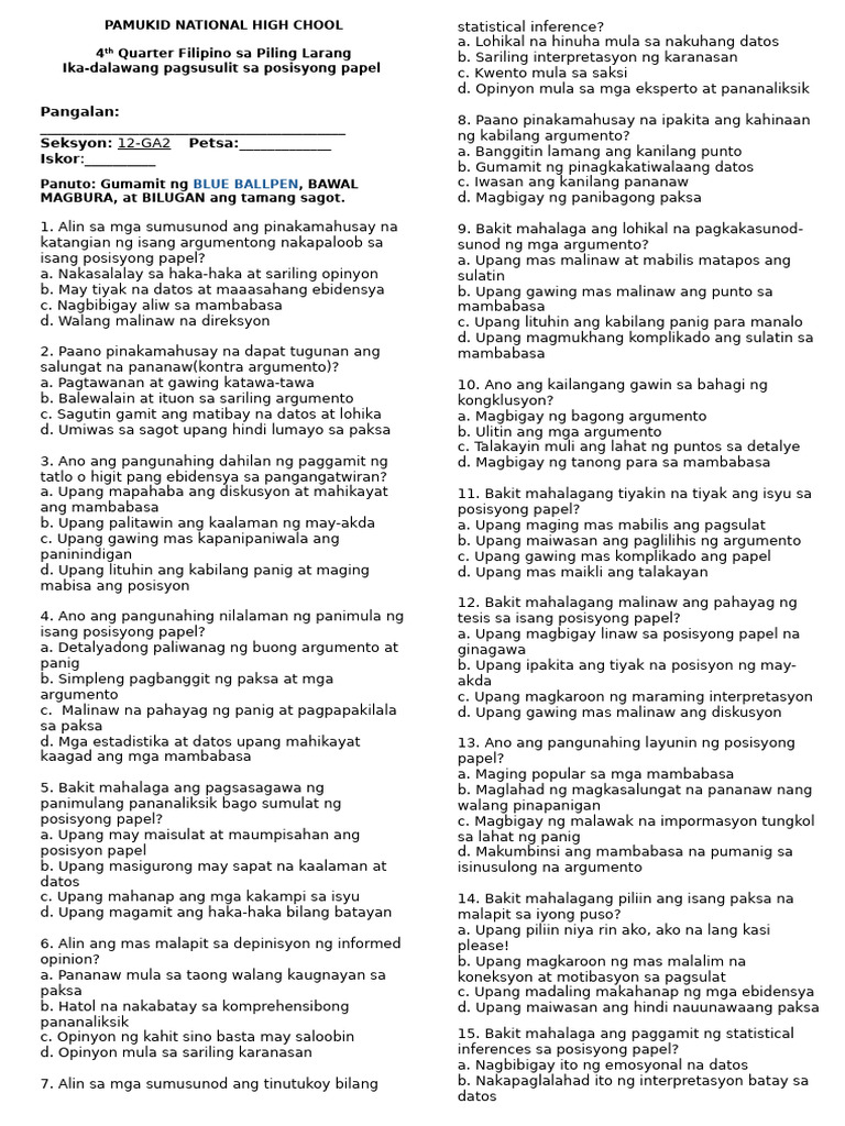 Posisyong Papel Quiz | PDF