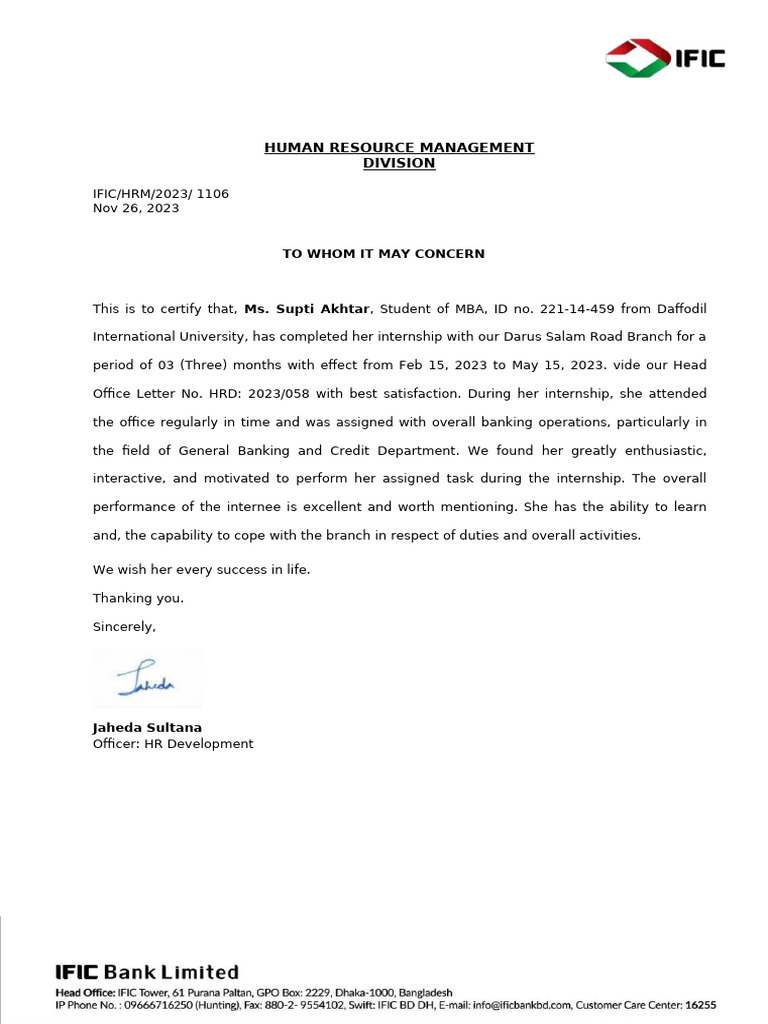 Internship Certificate for Supti Akhtar | PDF