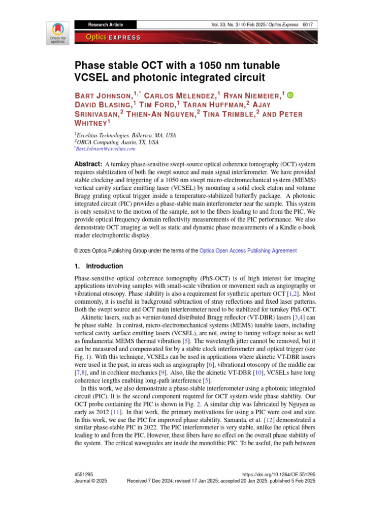 Phase Stable OCT With A 1050 NM Tunable VCSEL and Photonic Integrated ...
