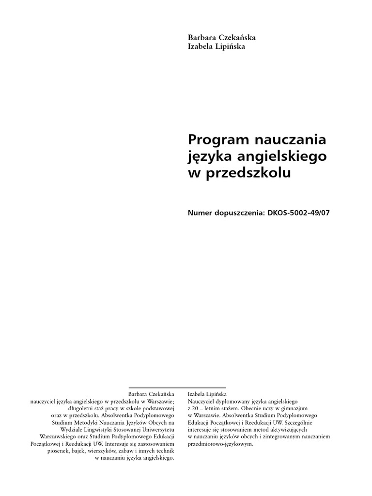 Program Nauczania Jezyka Angielskiego W Przedszkolu | PDF
