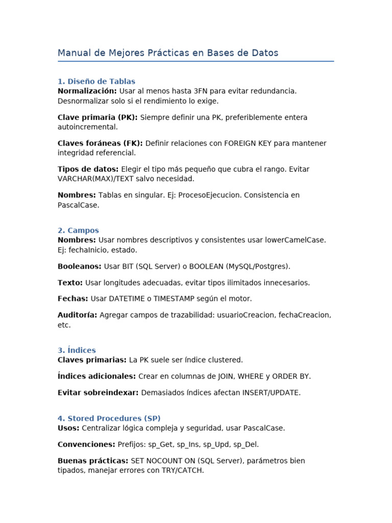 Manual Mejores Practicas BD | PDF | Bases de datos | Servidor SQL de Microsoft