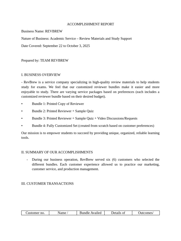 Accomplishment Report Revbrew | PDF
