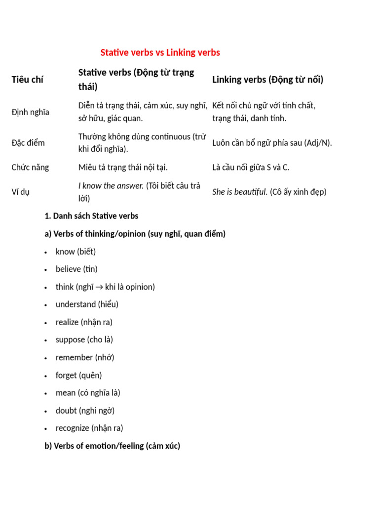 Stative Verbs Vs Linking Verbs | PDF