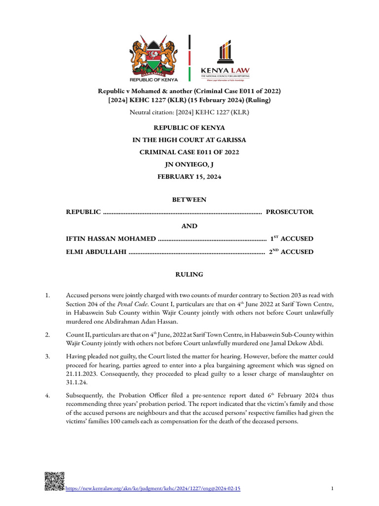 Republic V Mohamed Another (Criminal Case E011of2022) 2024KEHC1227 (KLR ...