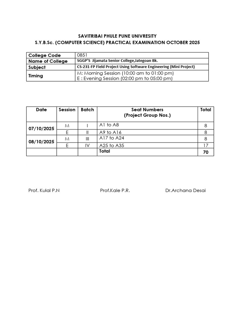 CS-231-Field Project Practical Exam Time Table | PDF