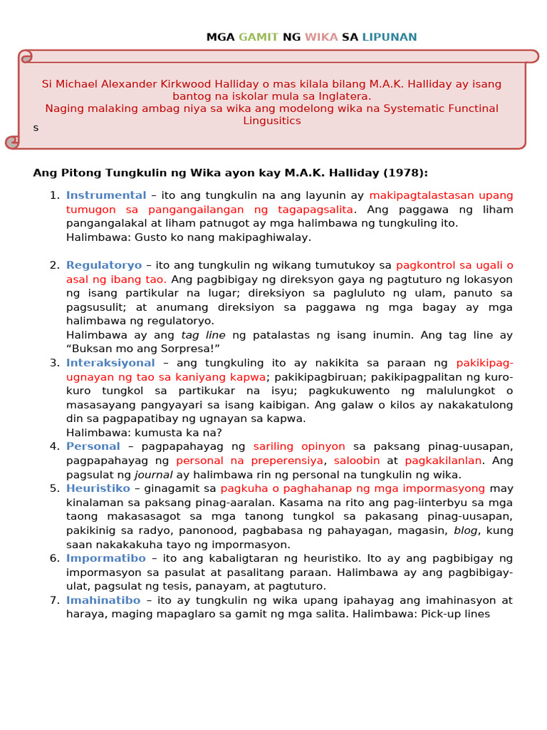 5 Mga Gamit NG Wika Sa Lipunan | PDF