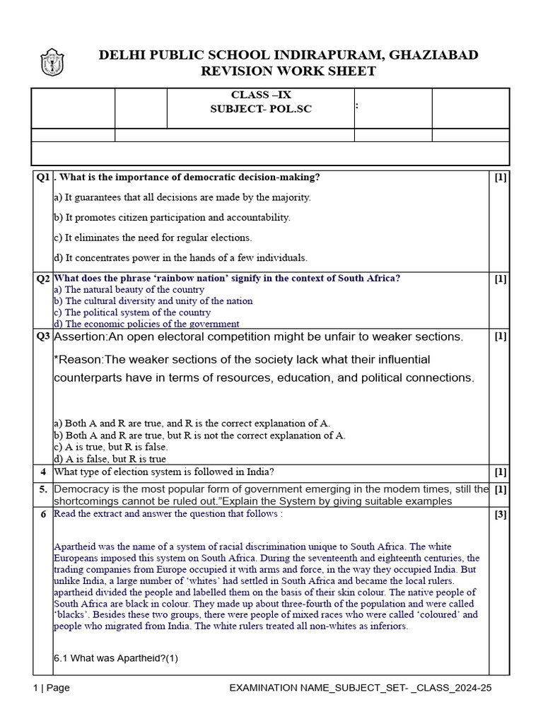 Class IX Political Science Revision Sheet | PDF | Apartheid | Political ...