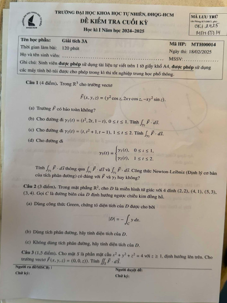 De Thi Cuoi Hki Hoc Phan Giai Tich 3a Nam 2024 2025 Truong Dai Hoc Kho 155175 | PDF