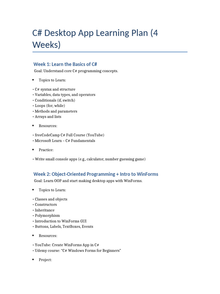 CSharp Desktop App Learning Plan | PDF