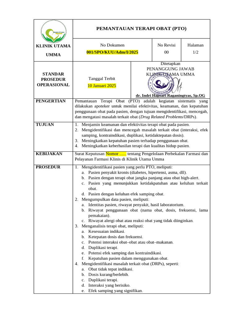 SPO Pemantauan Terapi Obat (PTO) | PDF