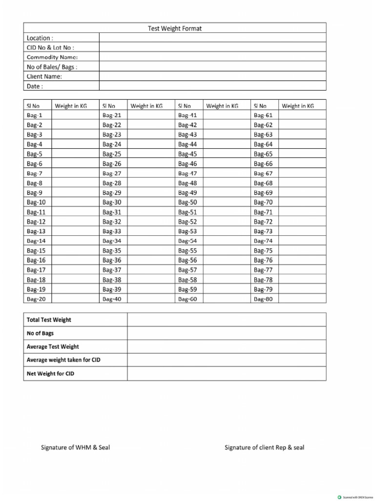 Test Weighment Format Blank Sheet | PDF