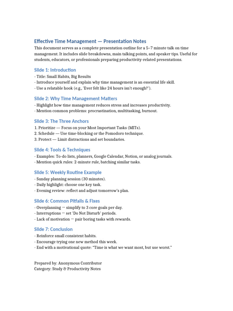 Time Management Presentation Outline | PDF