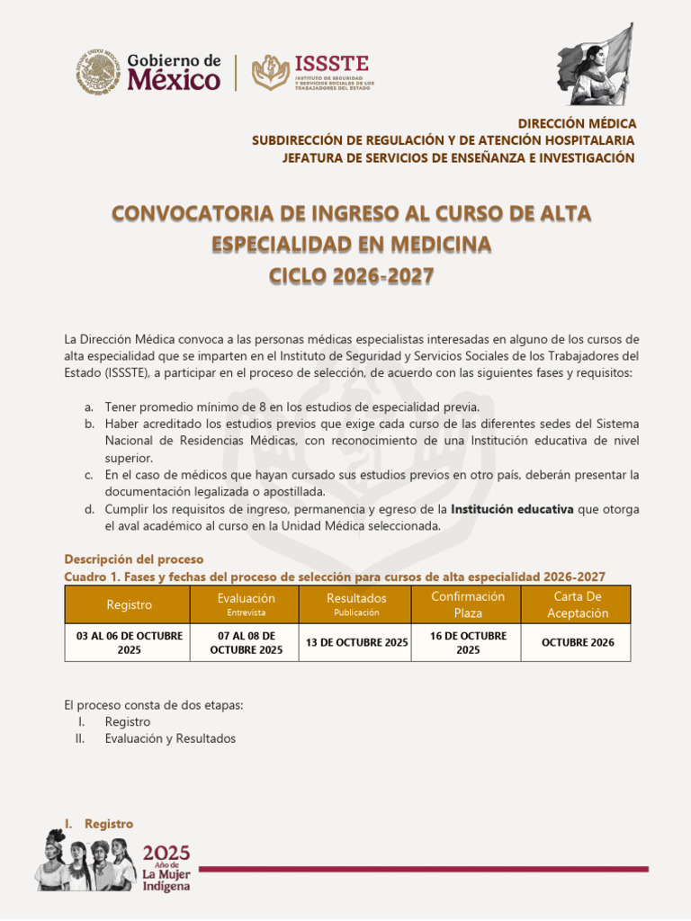 Convocatoria Alta Especialidad ISSSTE Segunda 2026-2027 | PDF