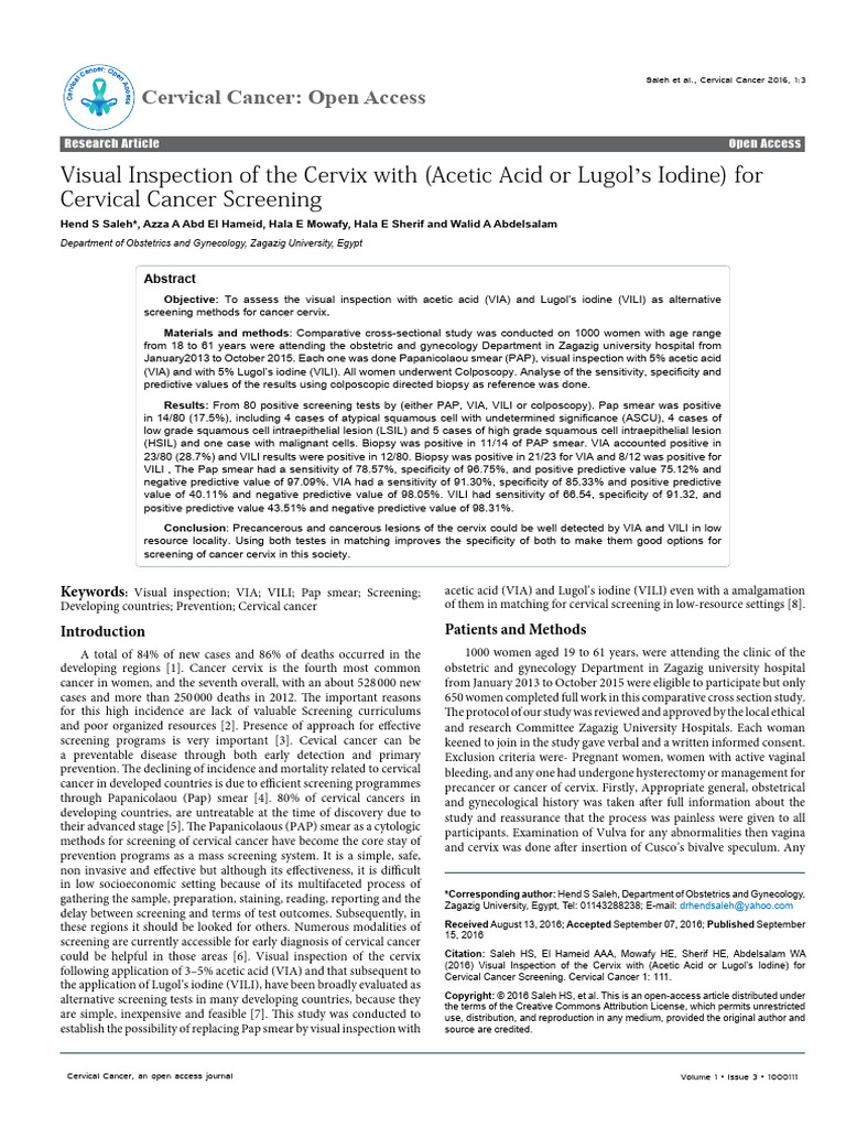 Visual Inspection of The Cervix With (Acetic Acid or Lugol's Iodine ...