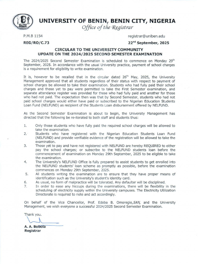 Circular - Update On The 2024-2025 Second Semester Examination | PDF