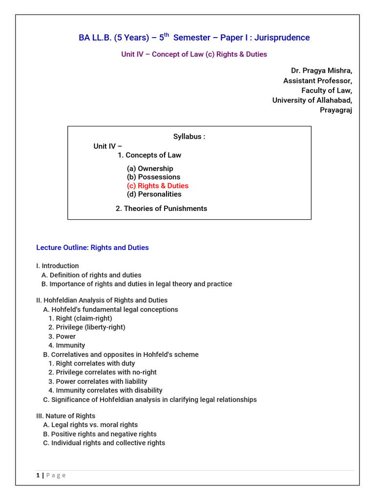 B.a.ll.B - 5th Sem - Paper 1 - Jurisprudence - Unit IV - Concept of Law (C) Rights & Duties ...