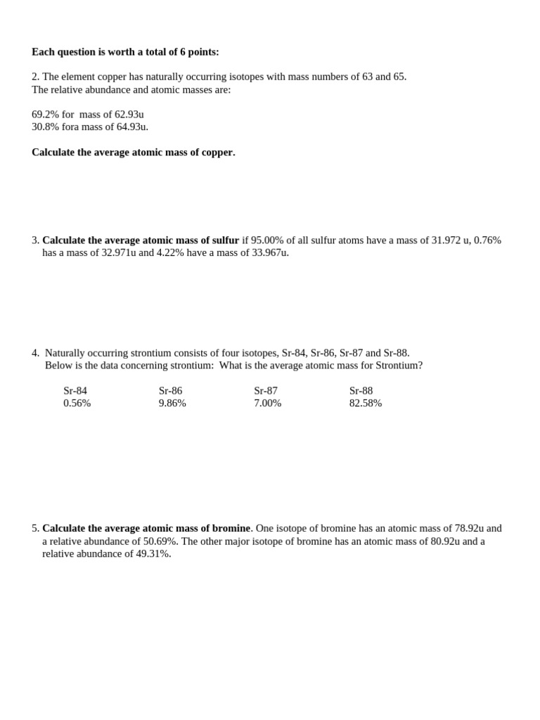 Average Atomic Mass Calculation Worksheet | PDF