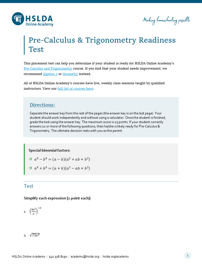 Pre-Calculus Readiness Test Guide | PDF | Elementary Mathematics | Algebra