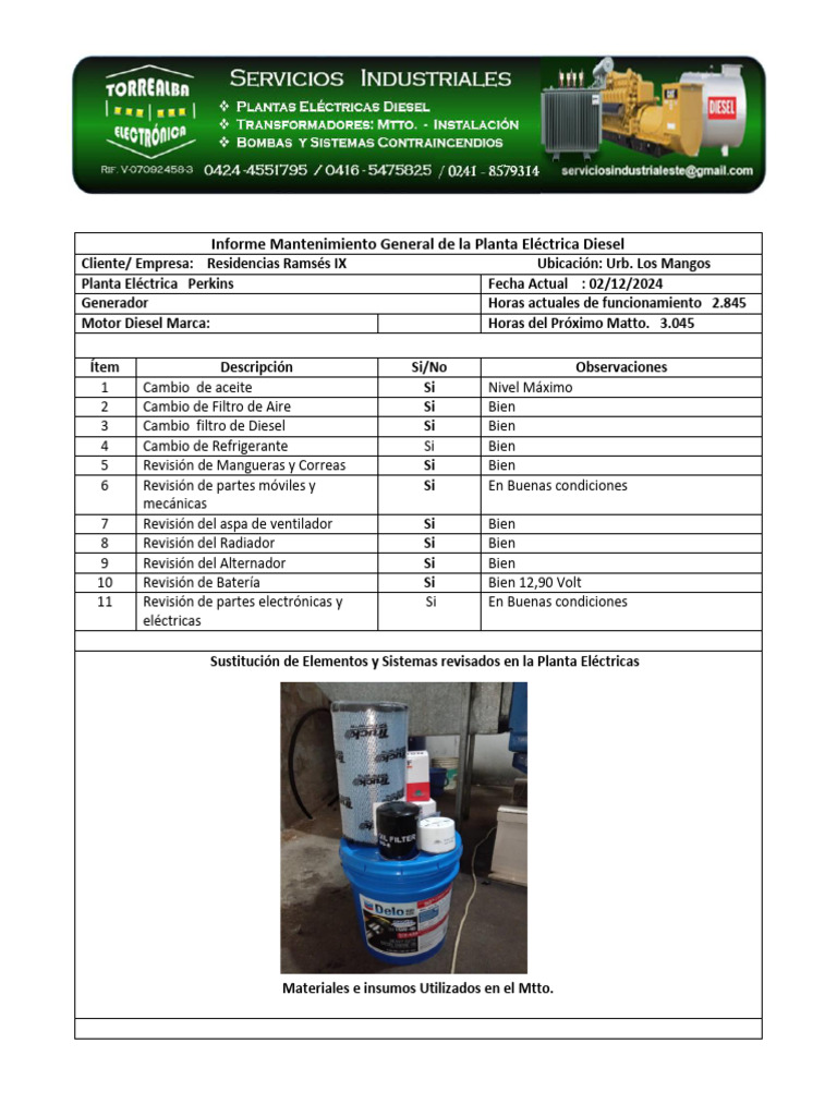 Informe Mtto. Planta Eléctica Ramses 9 Diciembre 2024 | PDF | Ingeniería mecánica