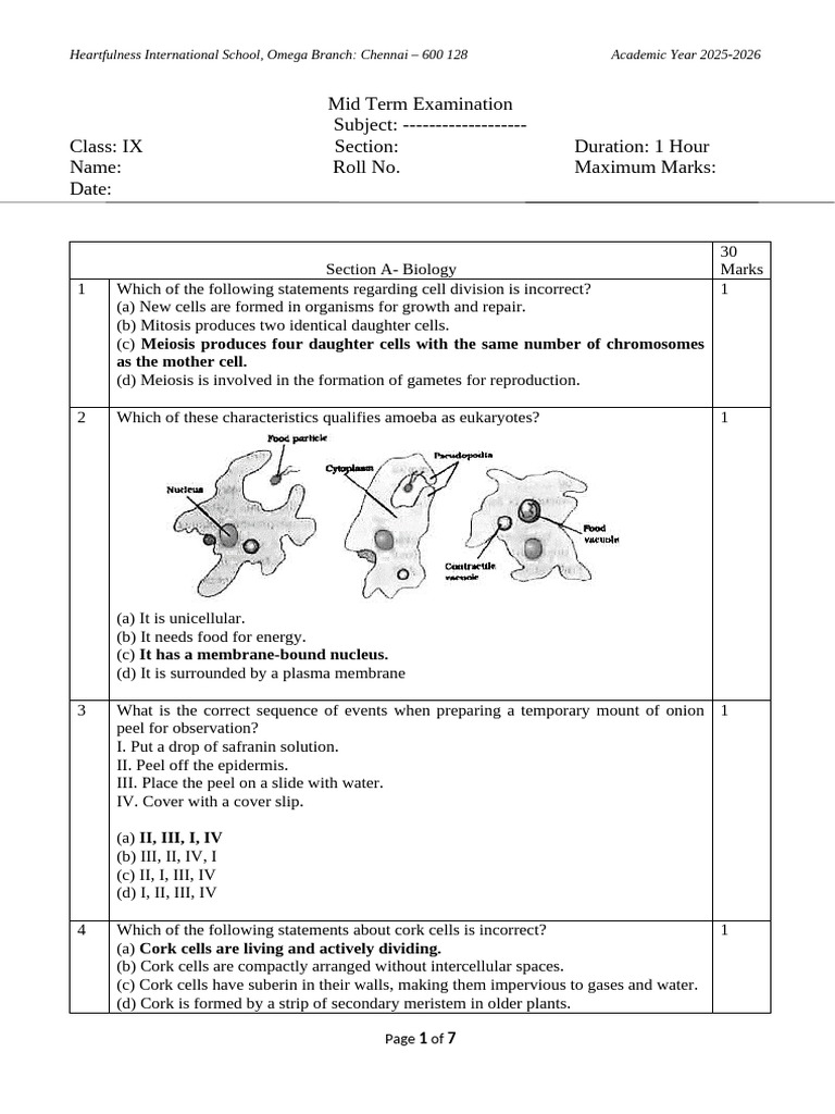 Class IX Biology Mid Term Exam 2025-26 | PDF | Tissue (Biology) | Leaf