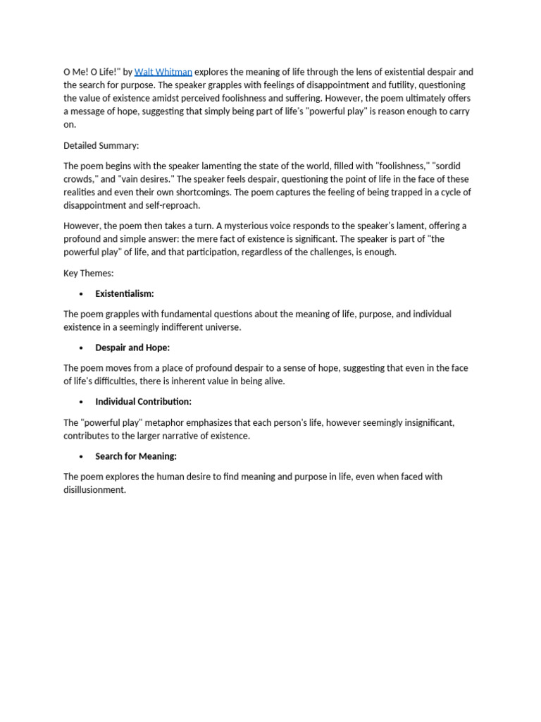 Whitman's "O Me! O Life!" Analysis | PDF