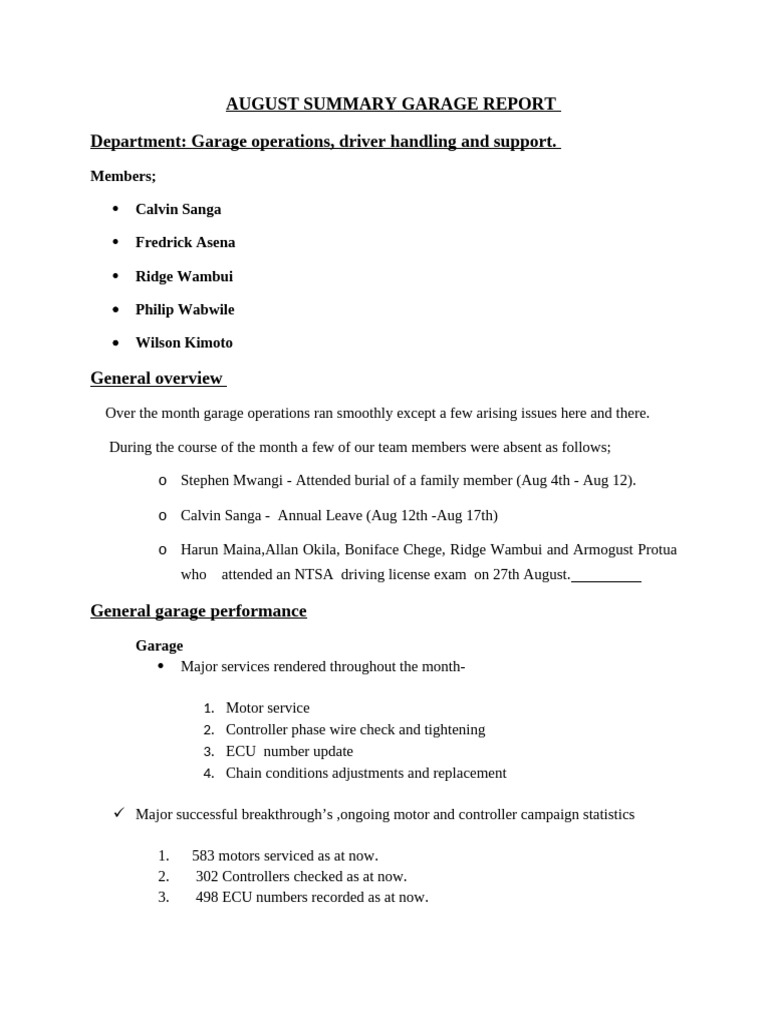 August Garage Operations Summary Report | PDF | Vehicles | Vehicle ...