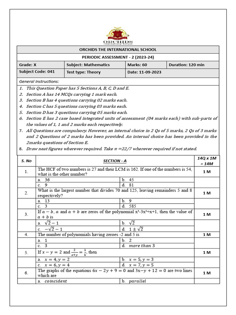 G10 Maths PA2 Sample Paper 23-24 | PDF | Circle | Elementary Geometry
