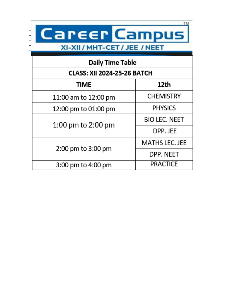 Class XII Daily Time Table 2024-26 | PDF