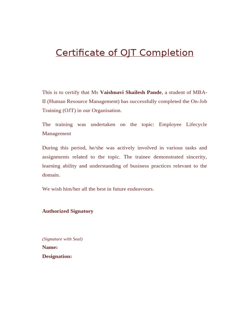 OJT (4) Industry Certificate (Suggested) | PDF
