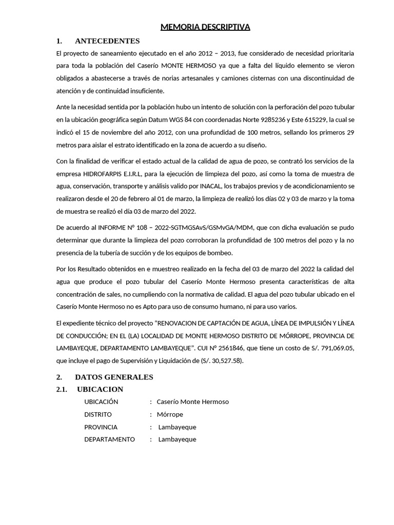 Memoria Descriptiva | PDF | Agua | Tubería (transporte de fluidos)